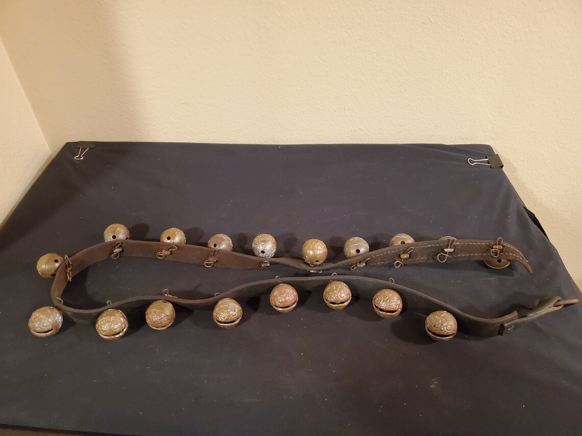 Vintage BRASS Bells on Weathered Leather Strap 18 Ornate Bells - Etsy