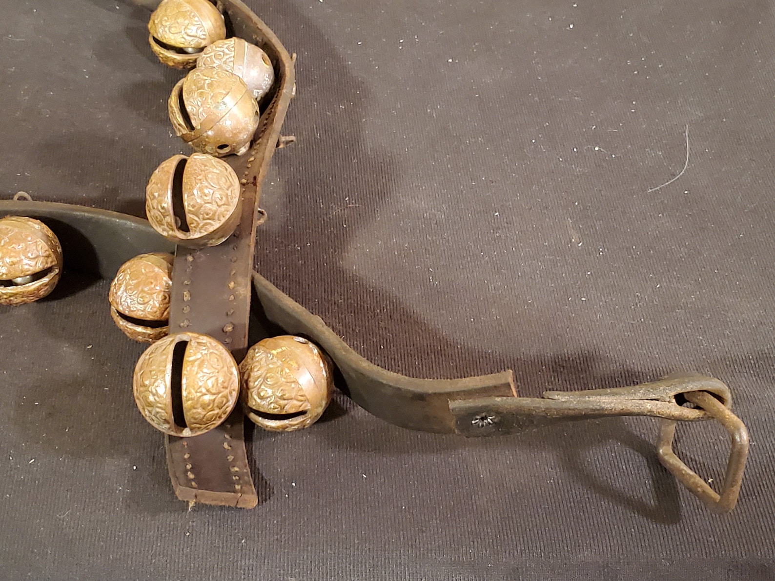 Vintage BRASS Bells on weathered leather strap 18 Ornate | Etsy