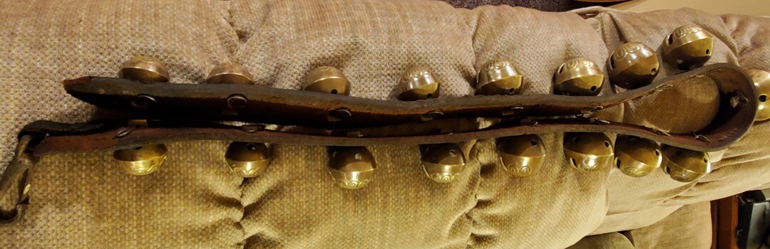 Vintage BRASS Bells on Weathered Leather Strap 17 Ornate Bells 56 Inch ...