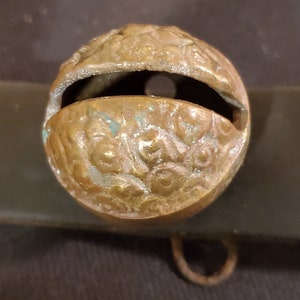 Vintage BRASS Bells on Weathered Leather Strap 18 Ornate Bells 50 Inch ...