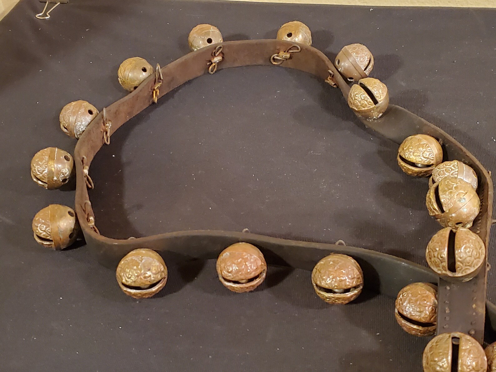Vintage BRASS Bells on weathered leather strap 18 Ornate | Etsy