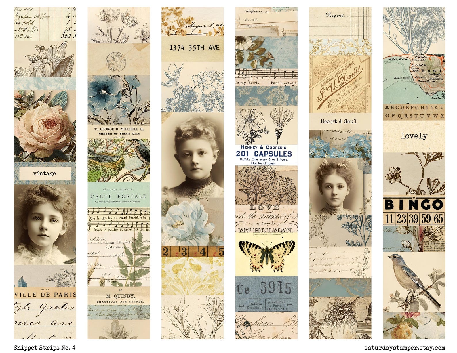 Vintage Collage Snippet Strips, Digital Paper, Paper Download ...