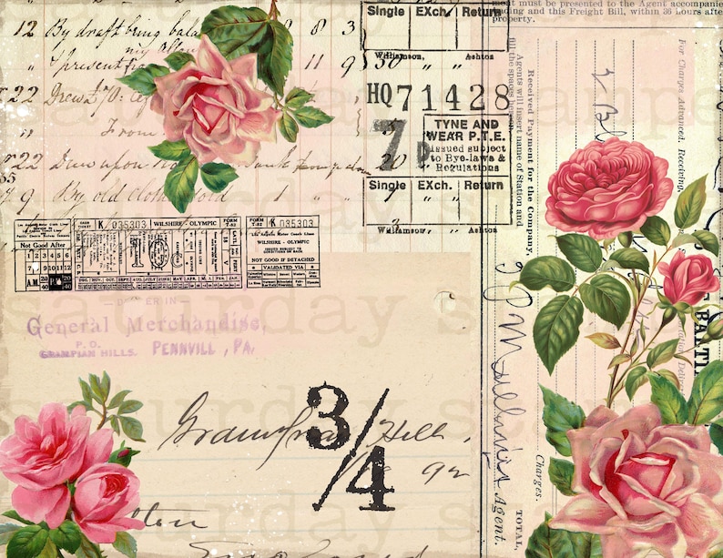 Vintage Roses Journal Papers, Shabby Roses, Ledger Papers, Digital ...