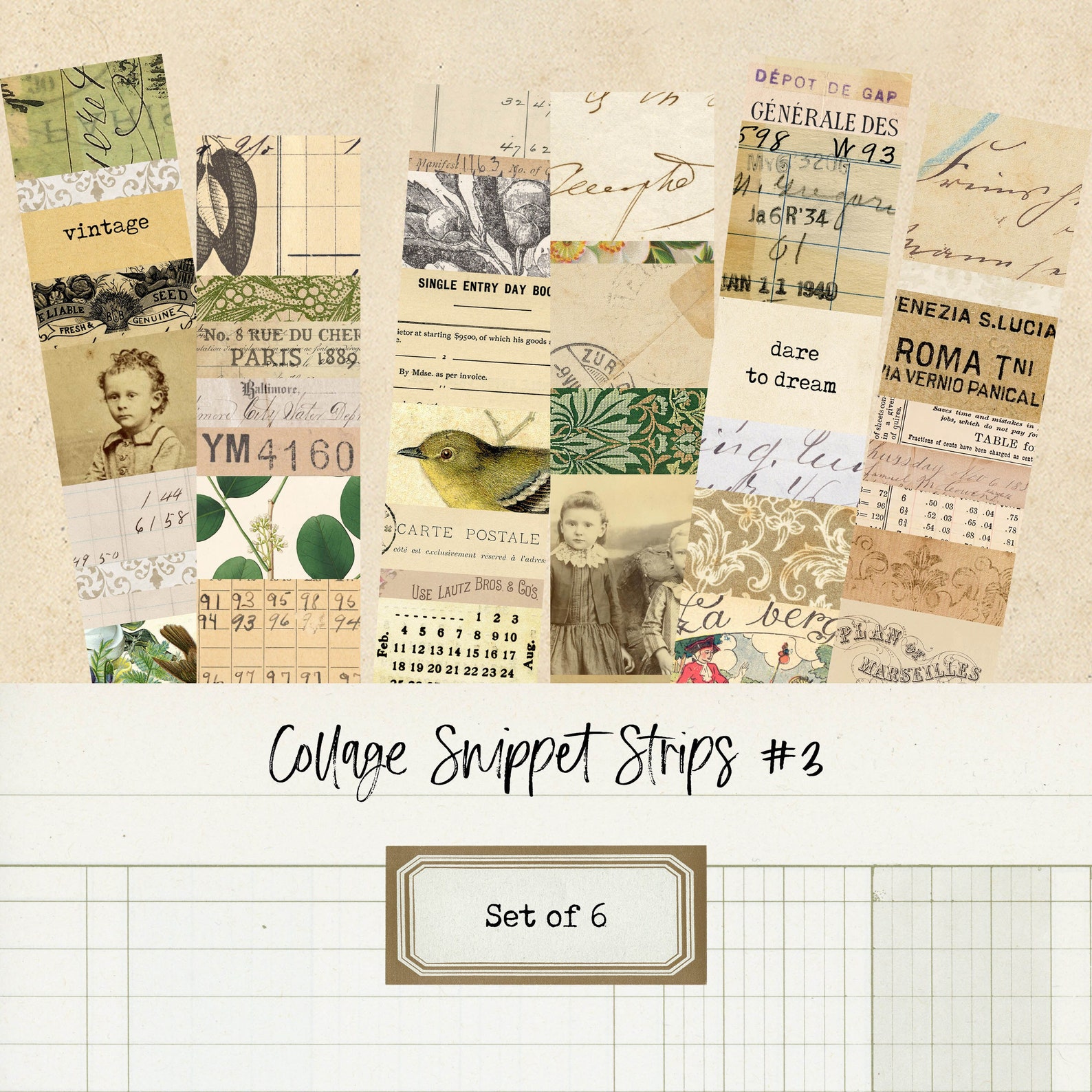 Collage Snippet Strips Set #3, Digital Download, Vintage Ephemera ...