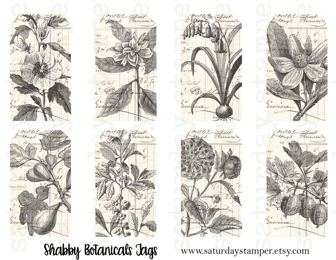 Shabby Botanical Tags Floral Ledger Tags Digital Printable - Etsy