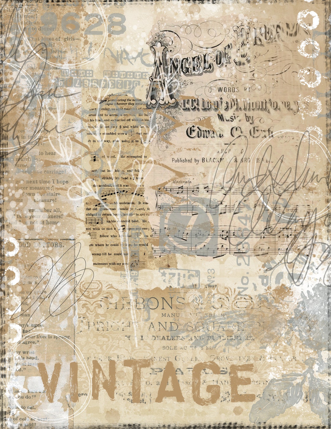 Grungy Vintage Style Paper and Tags, Digital Download, Collage Paper ...
