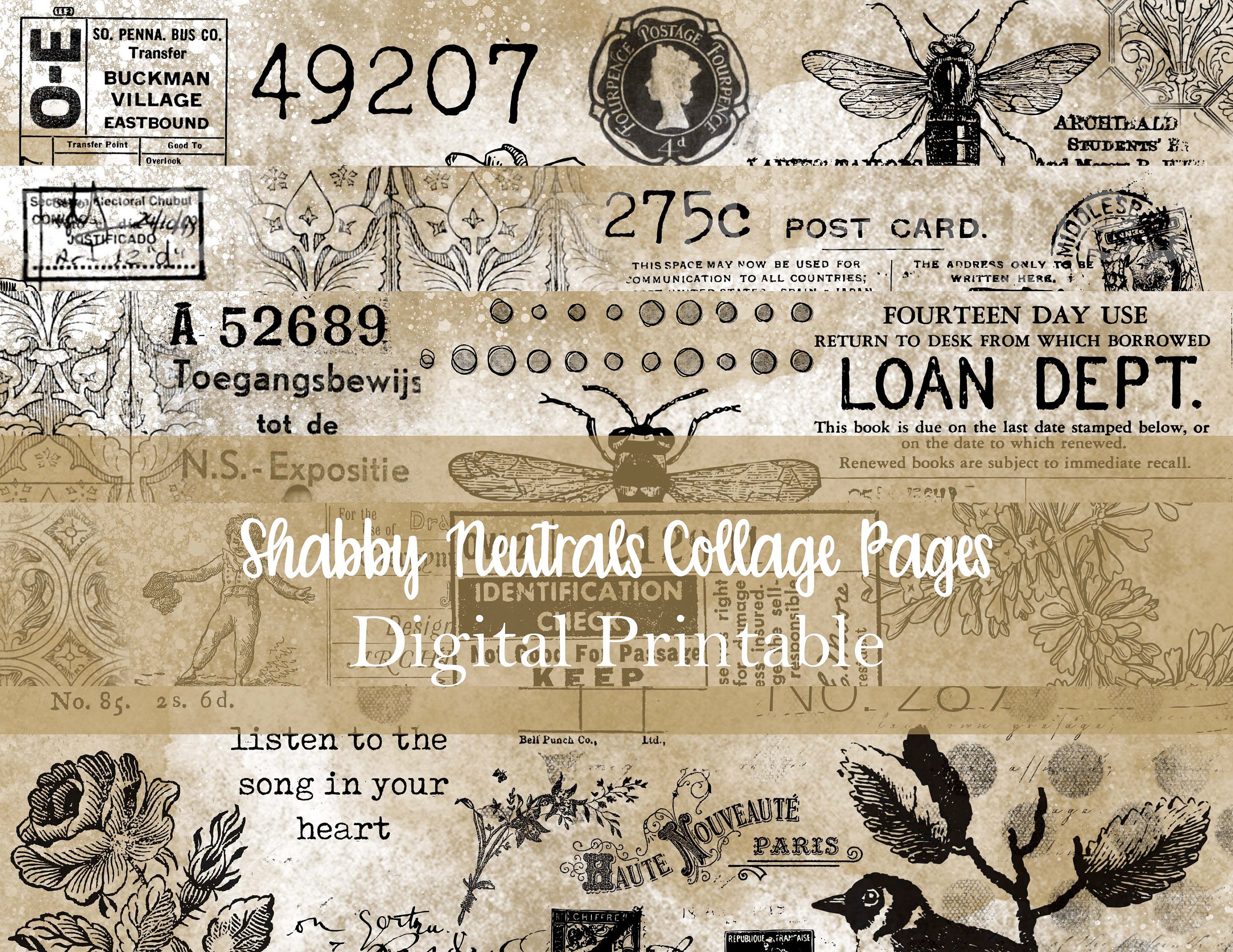 Vintage Collage Paper, Shabby Neutrals Paper, Vintage Paper Printable ...