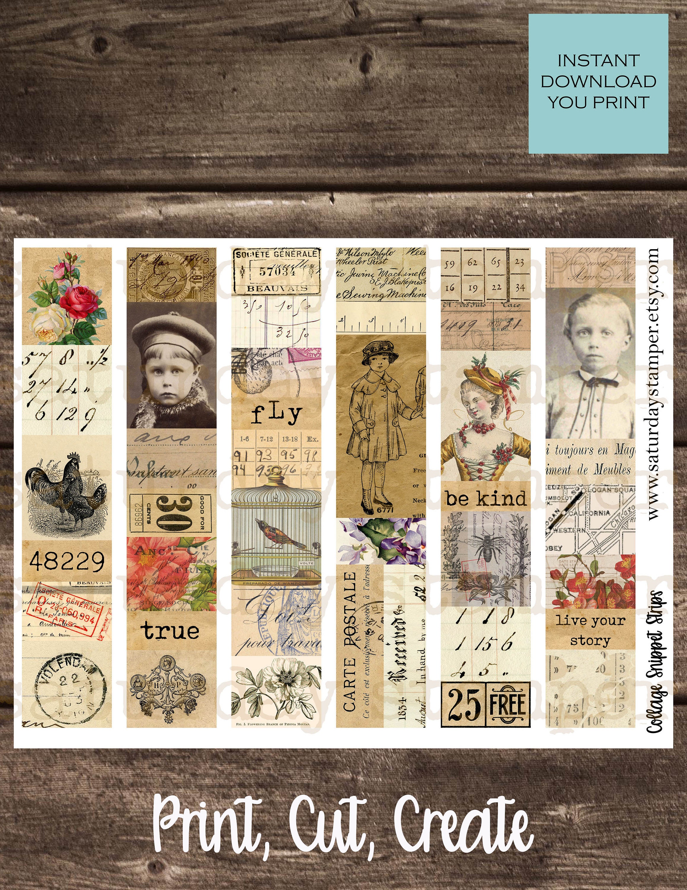 Vintage Ephemera Pack, Collage Paper, Collage Snippet Strips, Digital ...