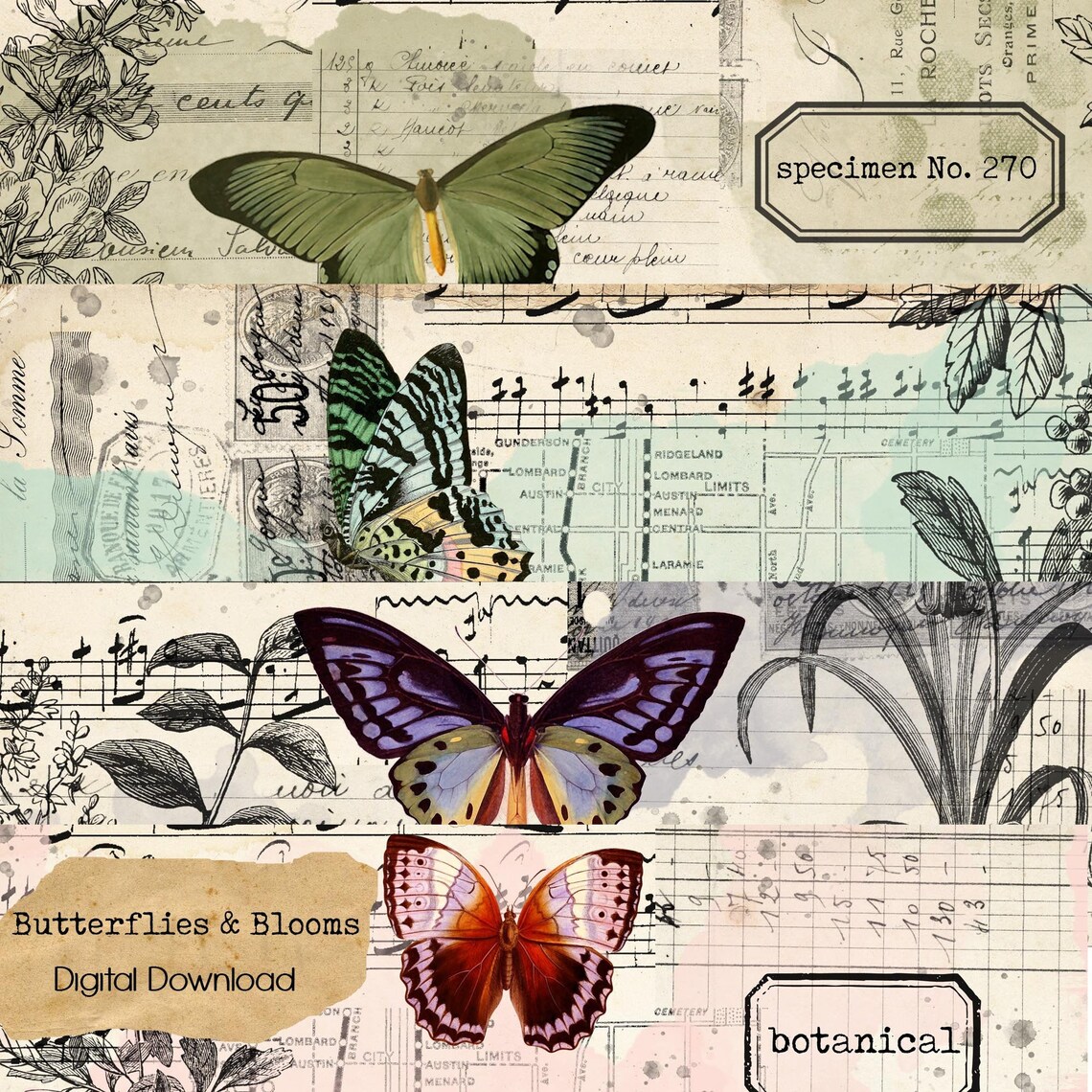 Papillons et fleurs papier collage vintage papier taché - Etsy France