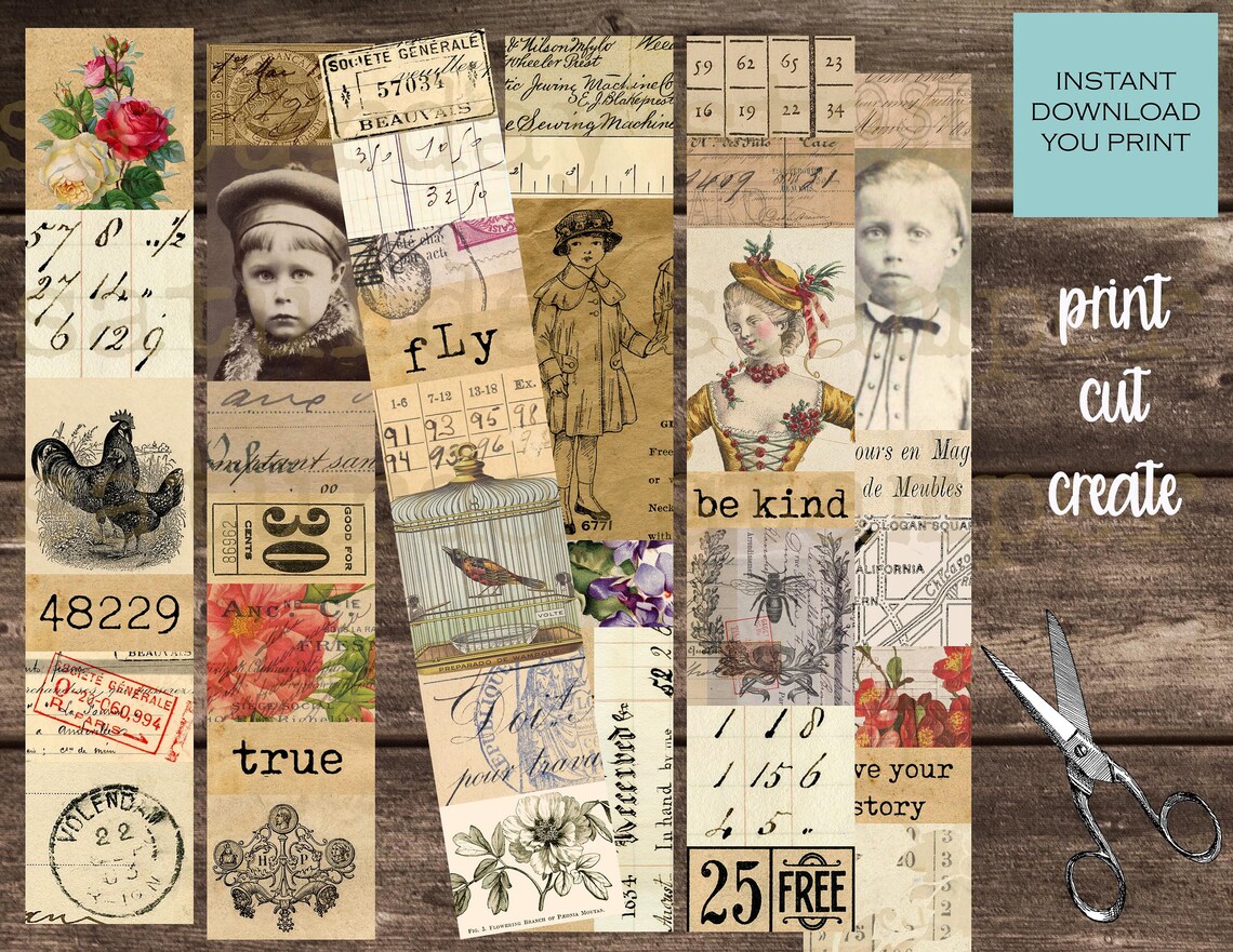 Vintage Ephemera Pack, Collage Paper, Collage Snippet Strips, Digital ...