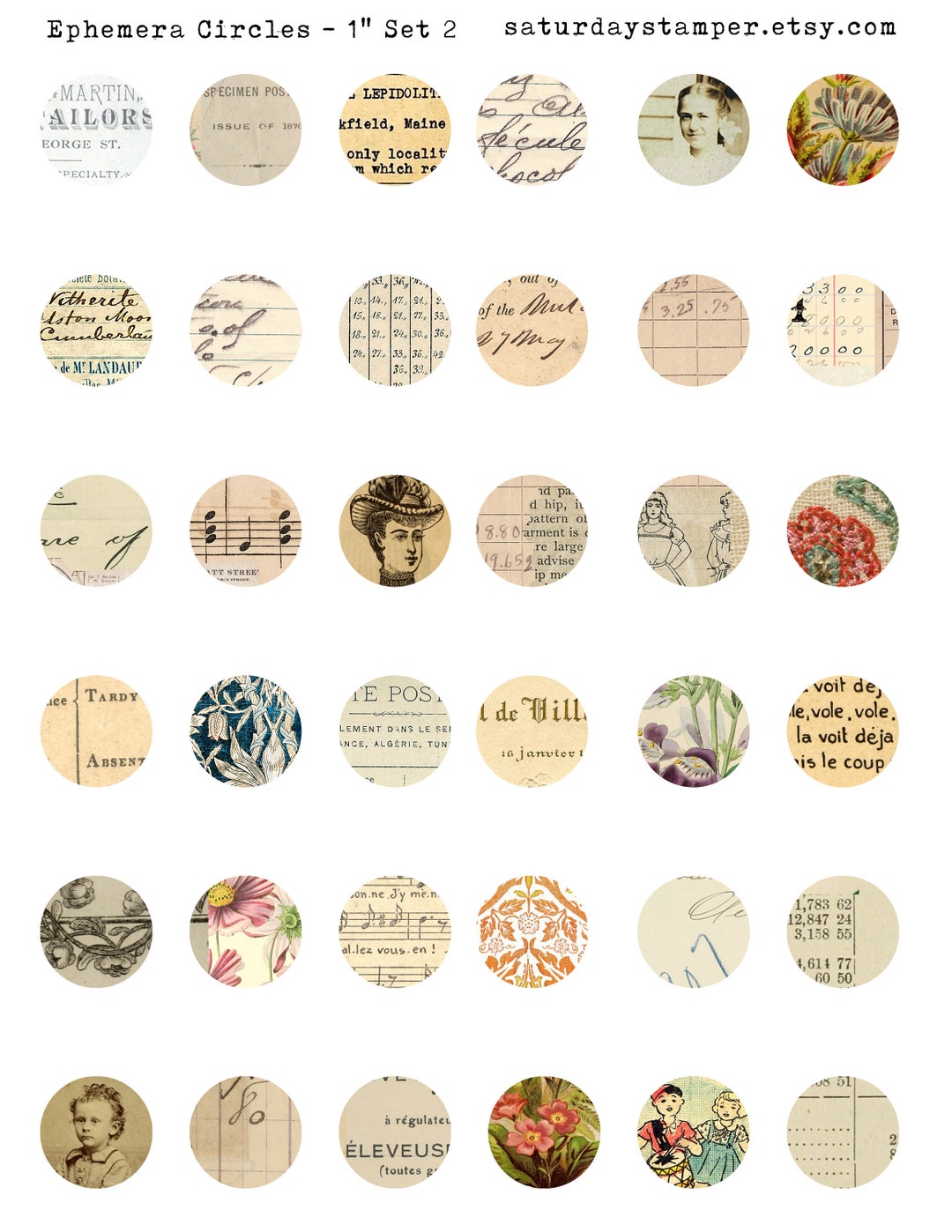 Vintage Ephemera Circles, Digital Printable, Small Circles, Round Tags ...