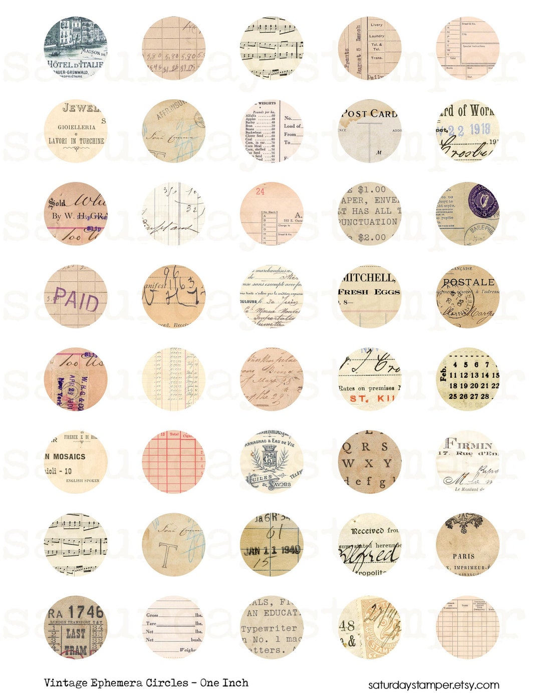 Vintage Ephemera Circles, One Inch Circles, Digital Printable, Number ...