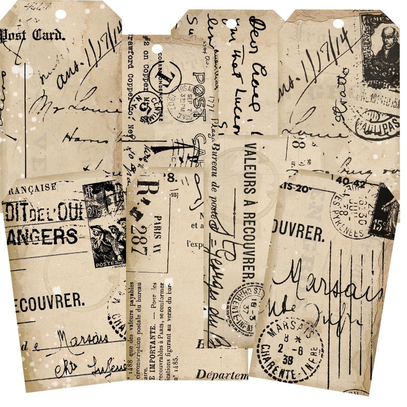 Junk Journal Printable, Vintage Postal Tags, Digital Printable, Grungy ...