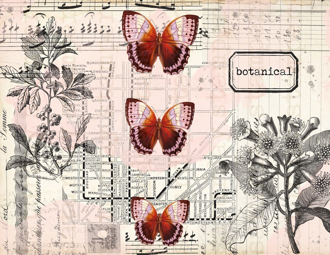 Papillons et fleurs papier collage vintage papier taché - Etsy France