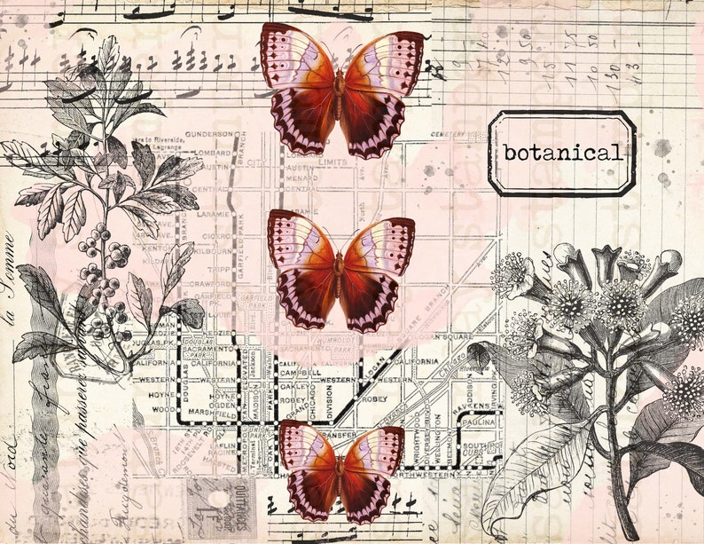 Papillons et fleurs, papier collage vintage, papier taché, imprimable ...