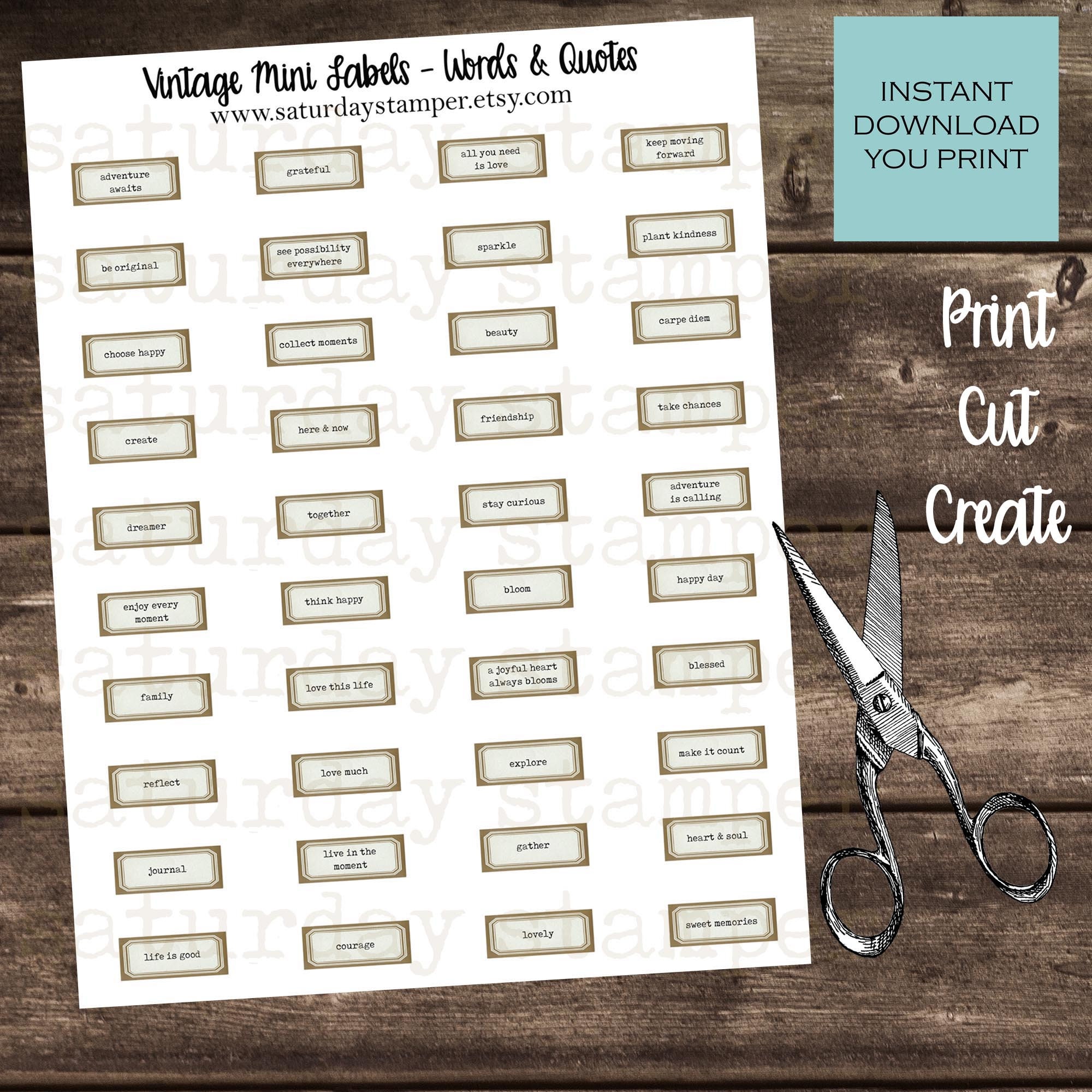 Mini Word Labels, Digital Download, Vintage Word Tags, Junk Journal ...
