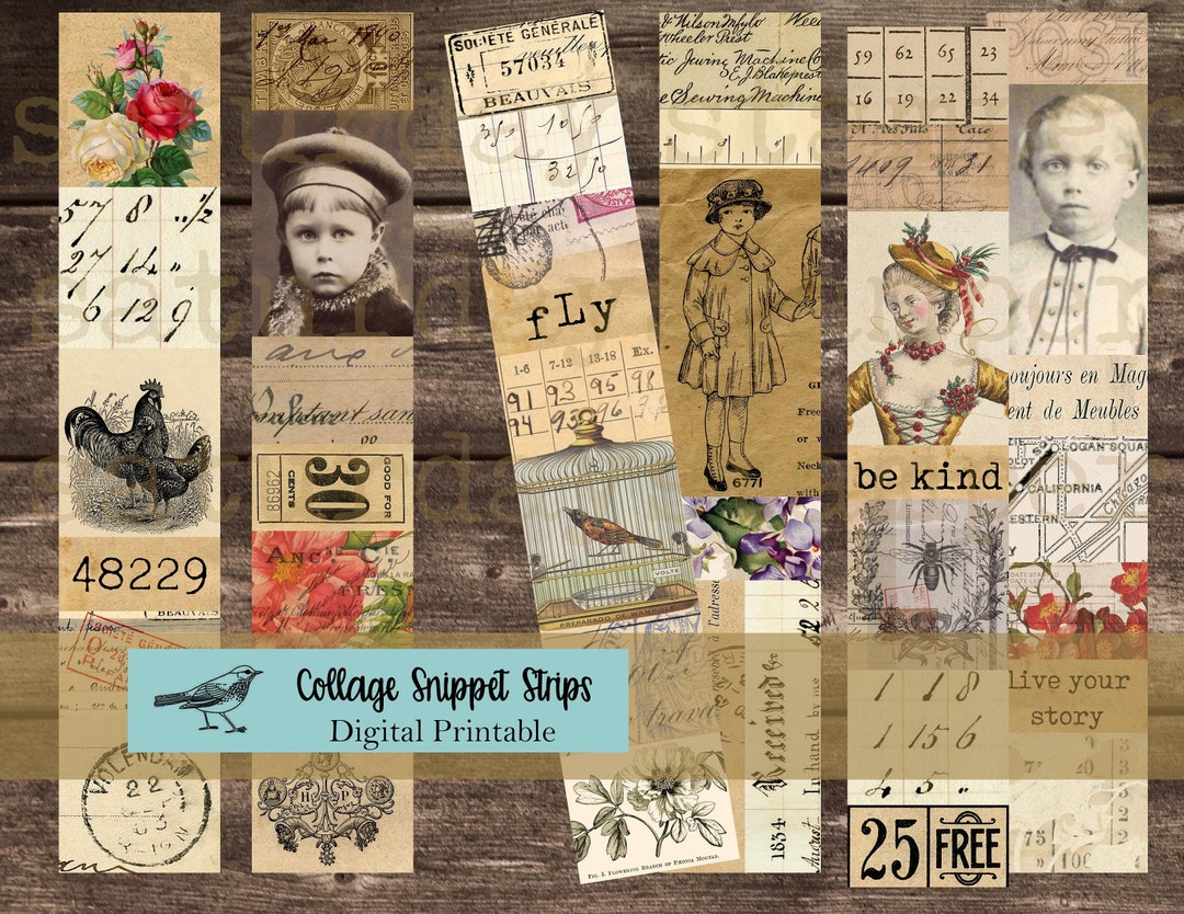 Vintage Ephemera Pack, Collage Paper, Collage Snippet Strips, Digital ...