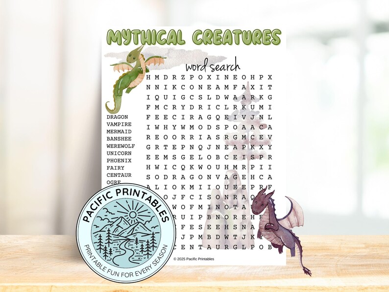 Mythical Creatures Word Search: Printable Dragon Fantasy Game for Kids ...