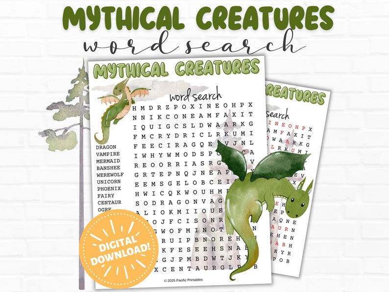 Mythical Creatures Word Search: Printable Dragon Fantasy Game for Kids ...
