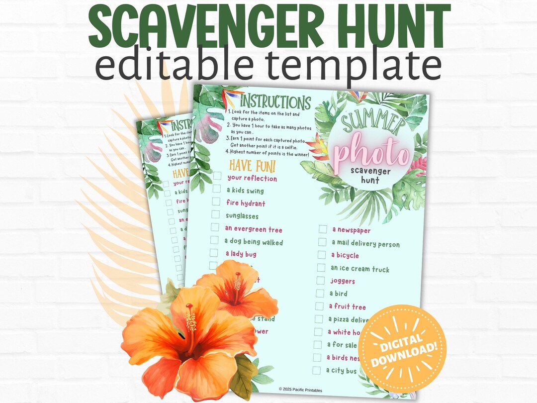 Editable Summer Scavenger Hunt, Printable Selfie Photo Challenge ...