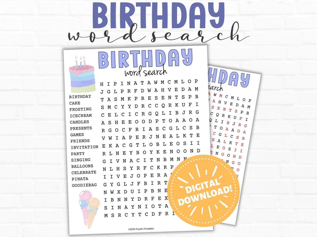 Birthday Word Search Printable, Word Find for Kids Adults Seniors ...