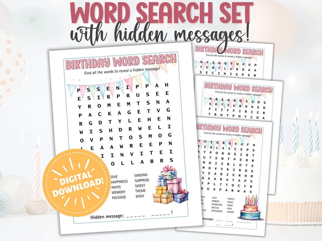 Birthday Word Search Set for Kids: Printable Party Game With Hidden ...