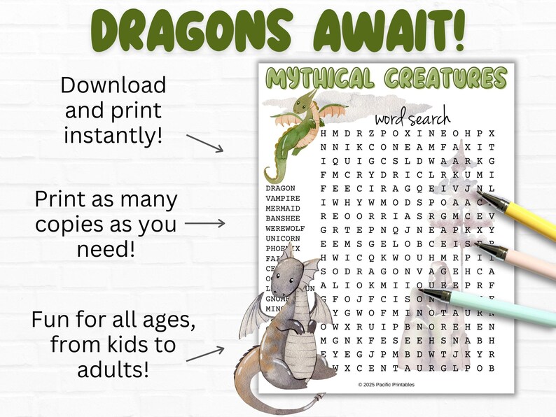 Mythical Creatures Word Search: Printable Dragon Fantasy Game for Kids ...