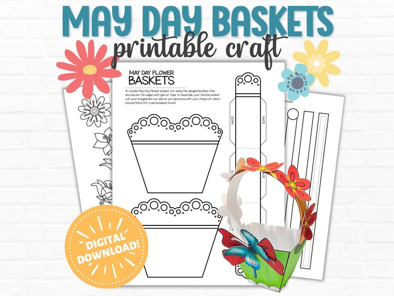 Printable May Day Flower Basket Craft: Spring Coloring Activity for ...