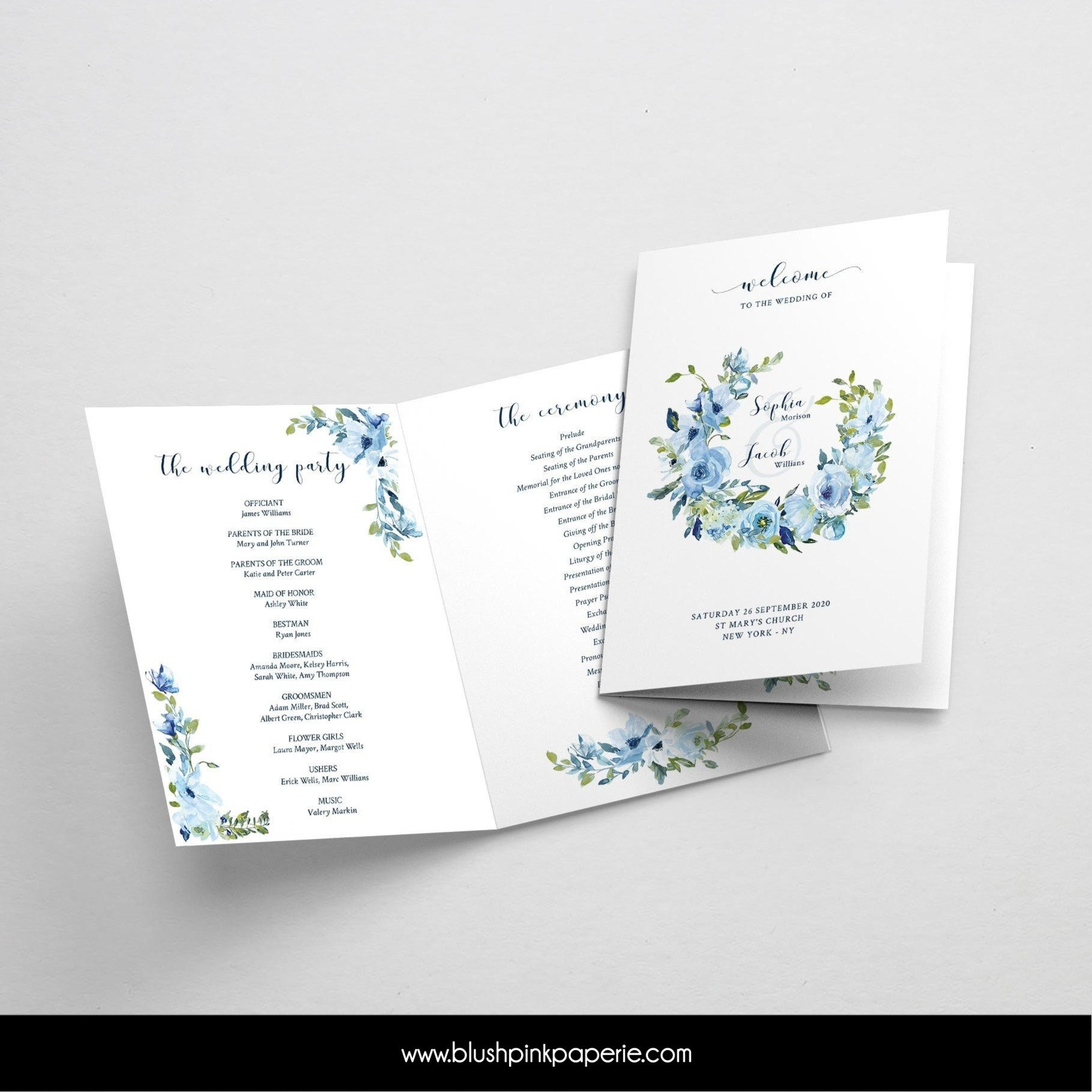 Editable Blue Bifold Wedding Program Template, Navy Wedding Order of ...