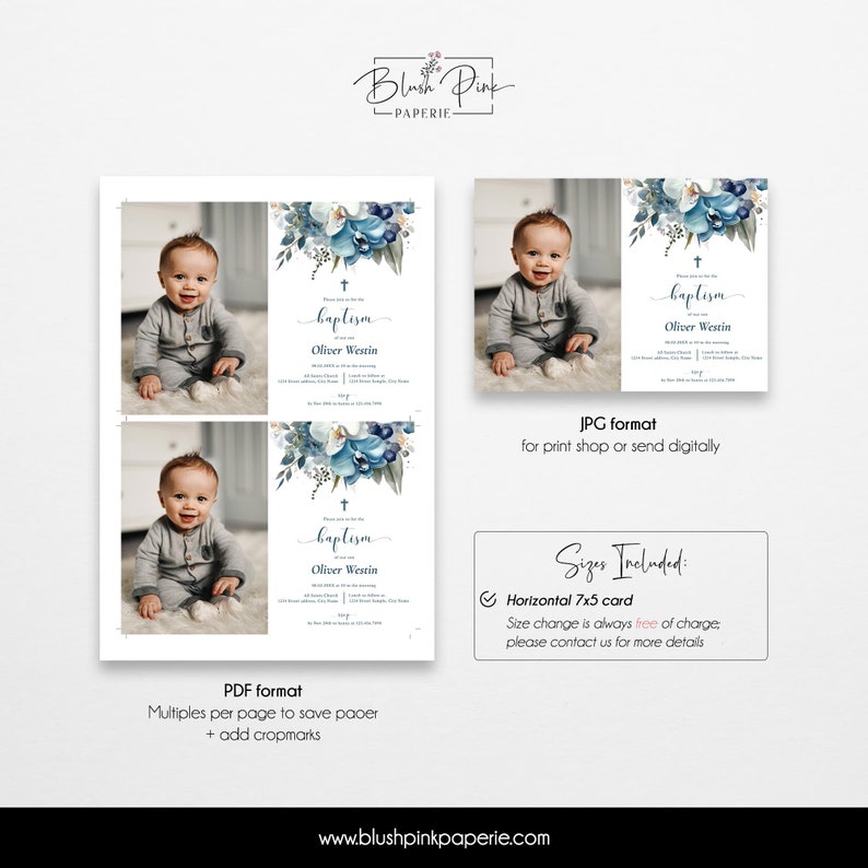 Editable White and Blue Photo Baptism Invitation Card | Template With ...