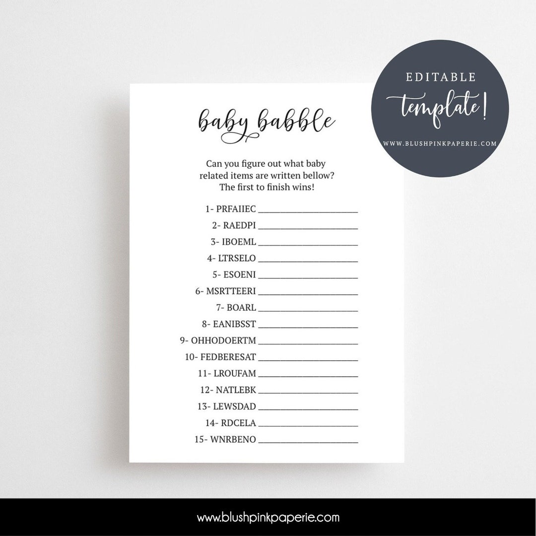Editable Baby Word Scramble, Baby Babble Baby Shower Game, Editable ...