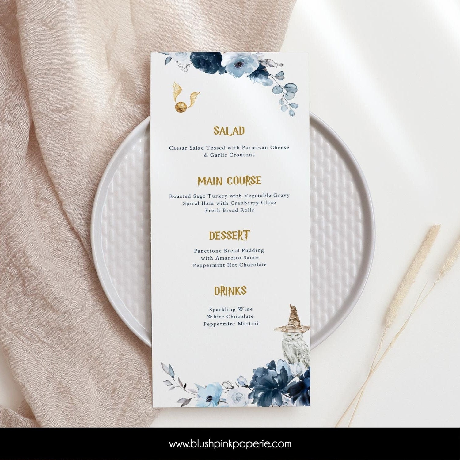 3.5x8.5 Blue Flowers Editable Menu Template, Navy Blue Florals Menu ...