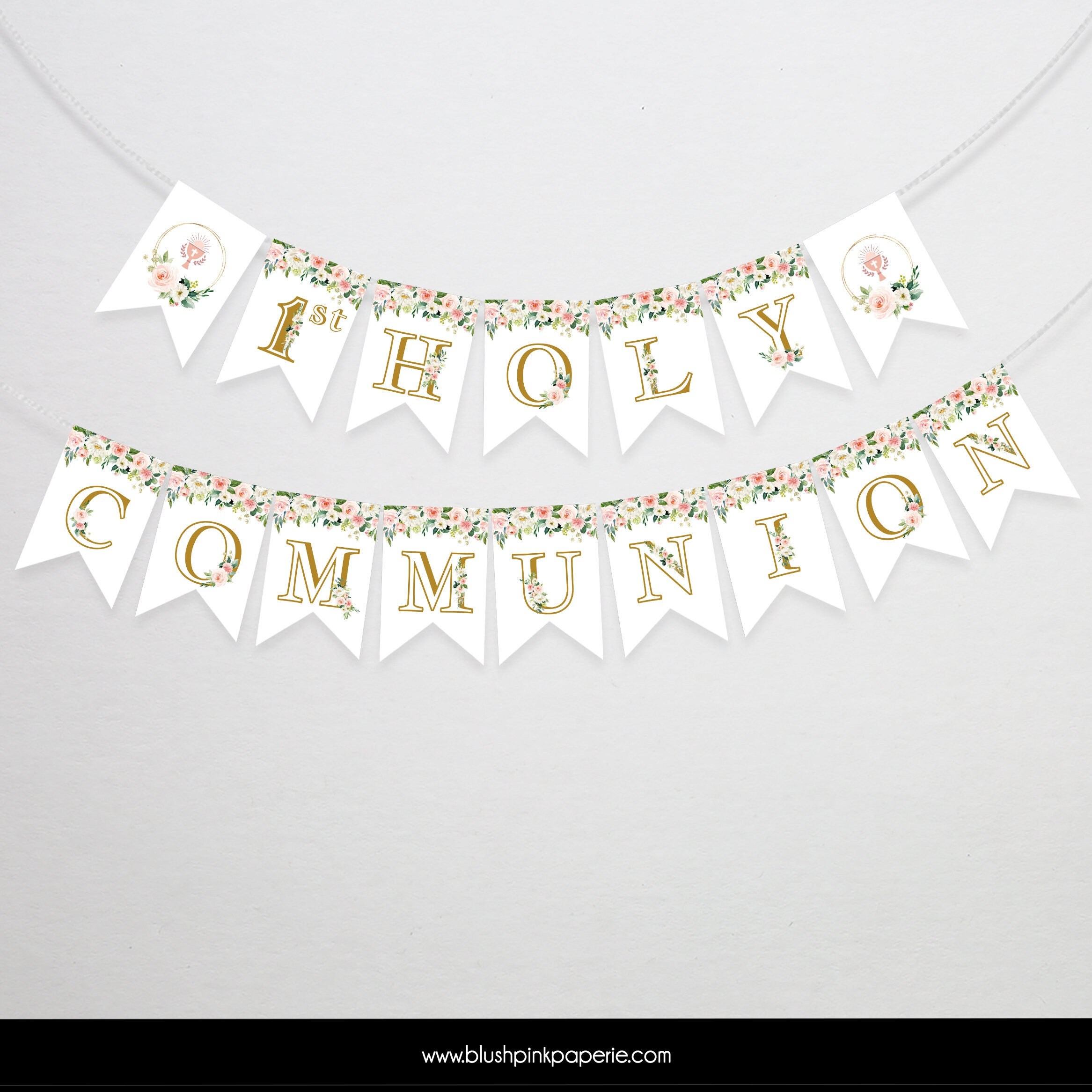 Blush and Gold First Holy Communion Banner, Bunting Flags, Printable ...