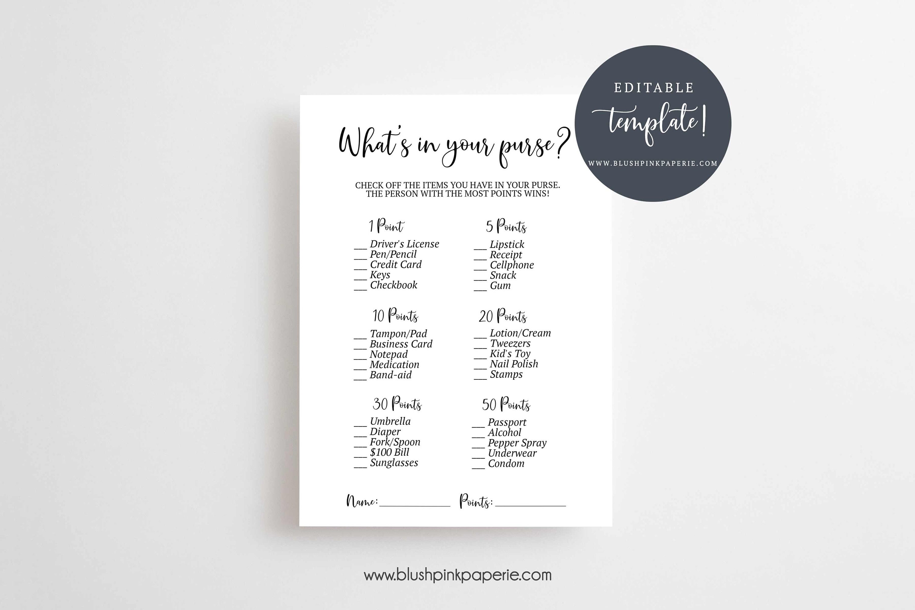 Editable What's in Your Purse Baby Shower Game, Editable Baby Shower ...