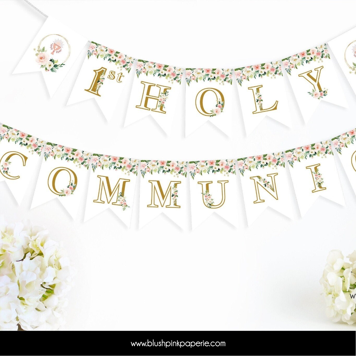 Blush and Gold First Holy Communion Banner, Bunting Flags, Printable ...