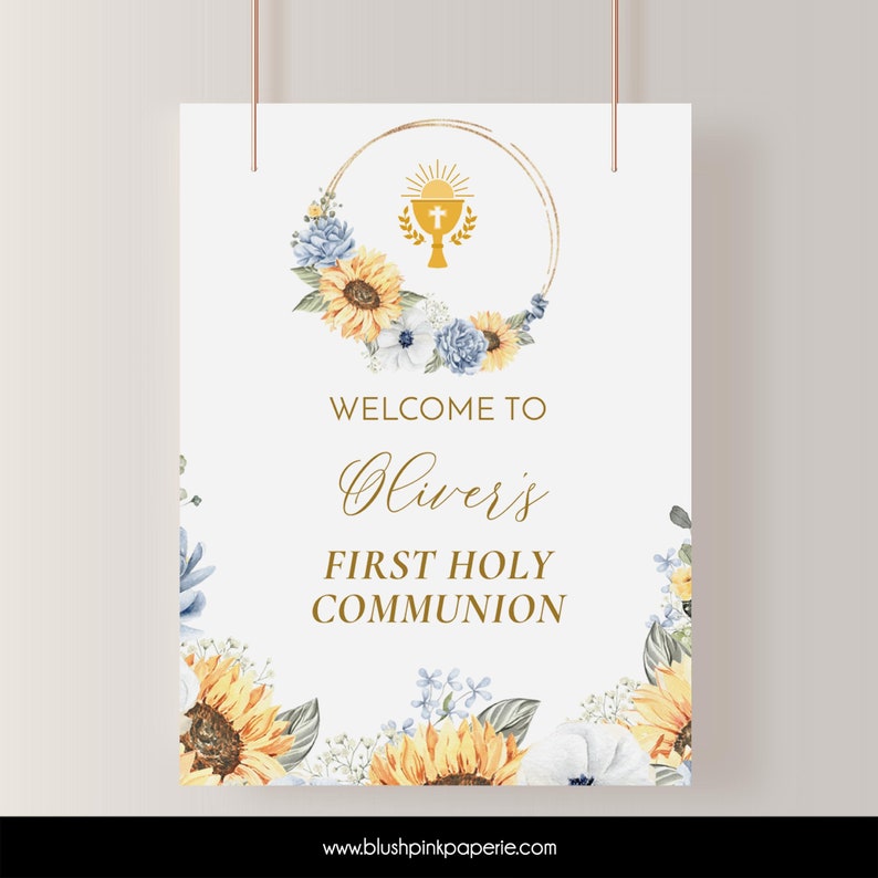 Sunflowers and Blue Flowers FHC Welcome Sign | First Holy Communion ...