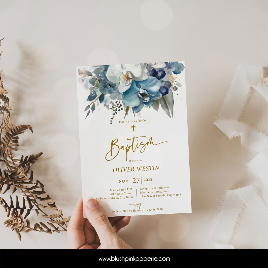 Editable White and Blue Baptism Invitation Card | Template, Delicate ...