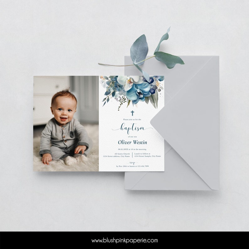 Editable White and Blue Photo Baptism Invitation Card | Template With ...