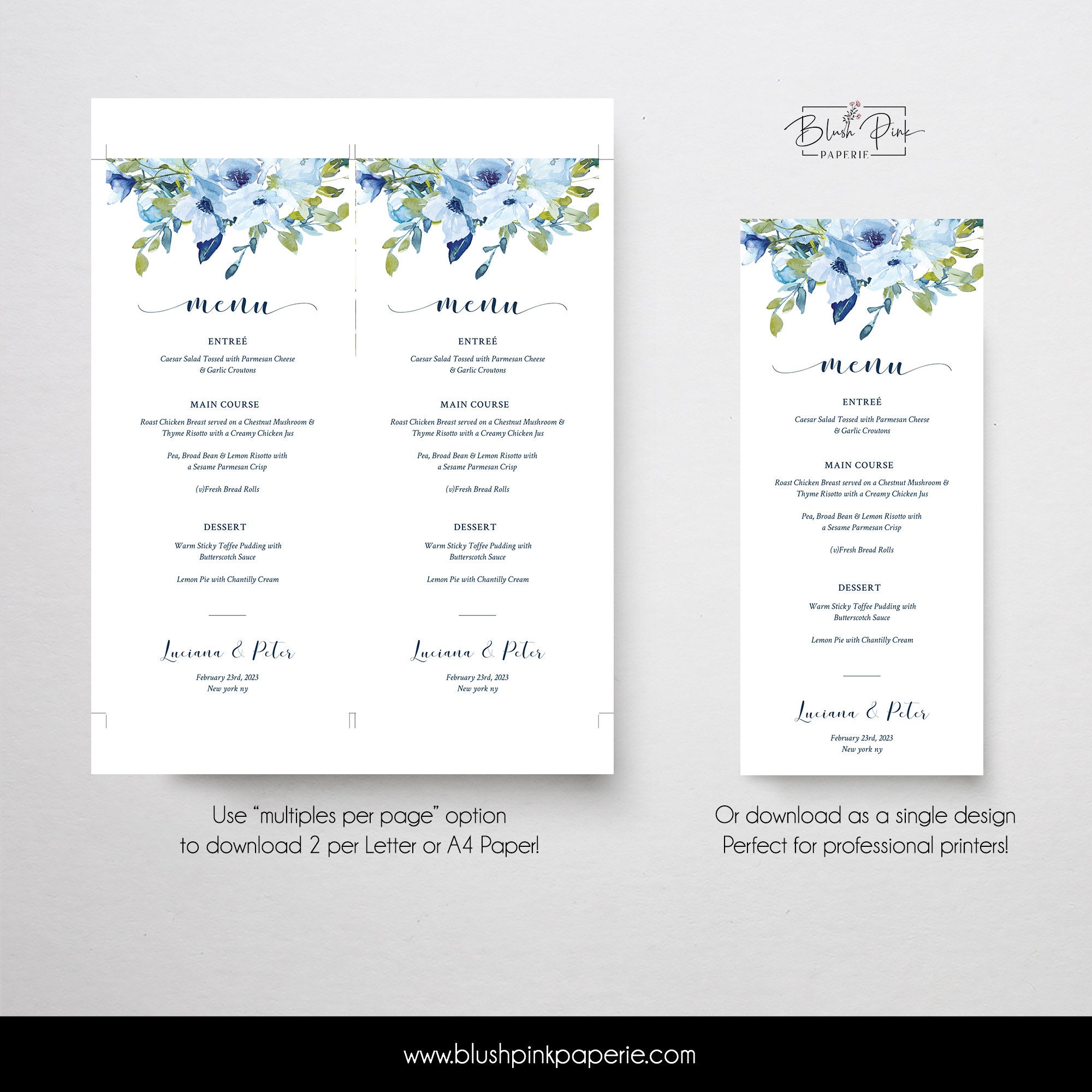 Blue Flowers Editable Menu Template, Blue Florals Menu Template, Navy ...