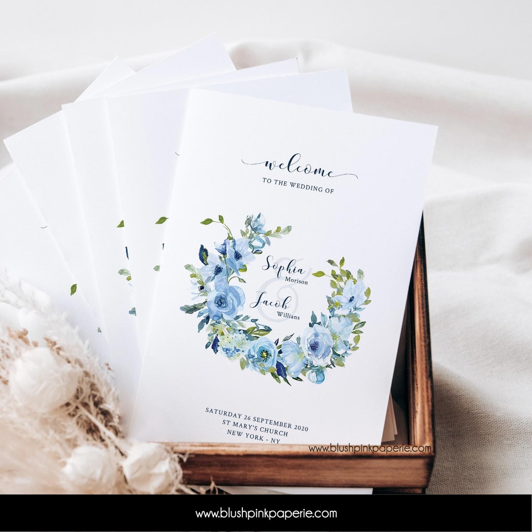Editable Blue Bifold Wedding Program Template, Navy Wedding Order of ...