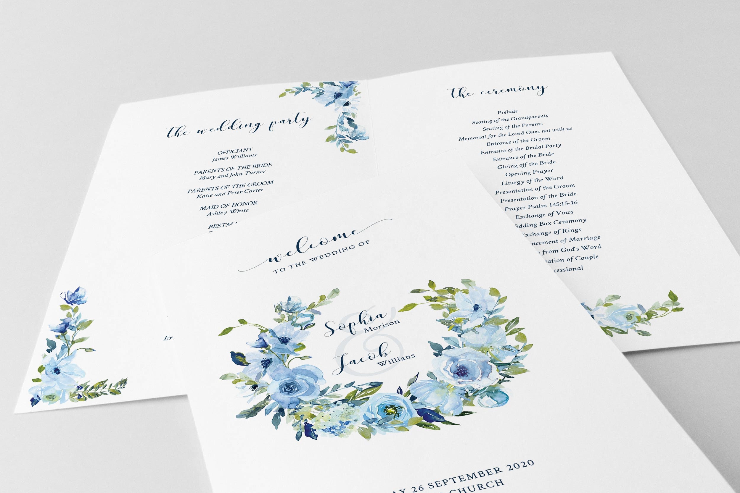 Editable Blue Bifold Wedding Program Template, Navy Wedding Order of ...