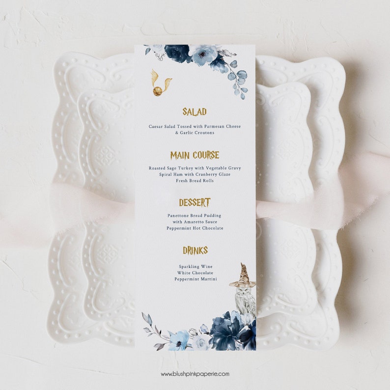 3.5x8.5 Blue Flowers Editable Menu Template, Navy Blue Florals Menu ...
