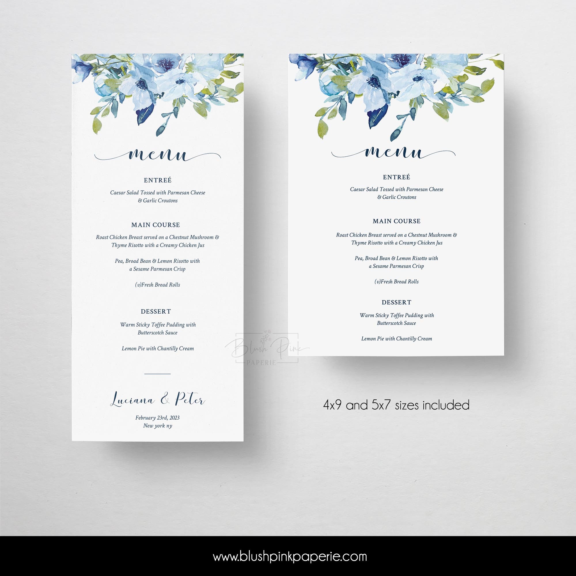 Blue Flowers Editable Menu Template, Blue Florals Menu Template, Navy ...