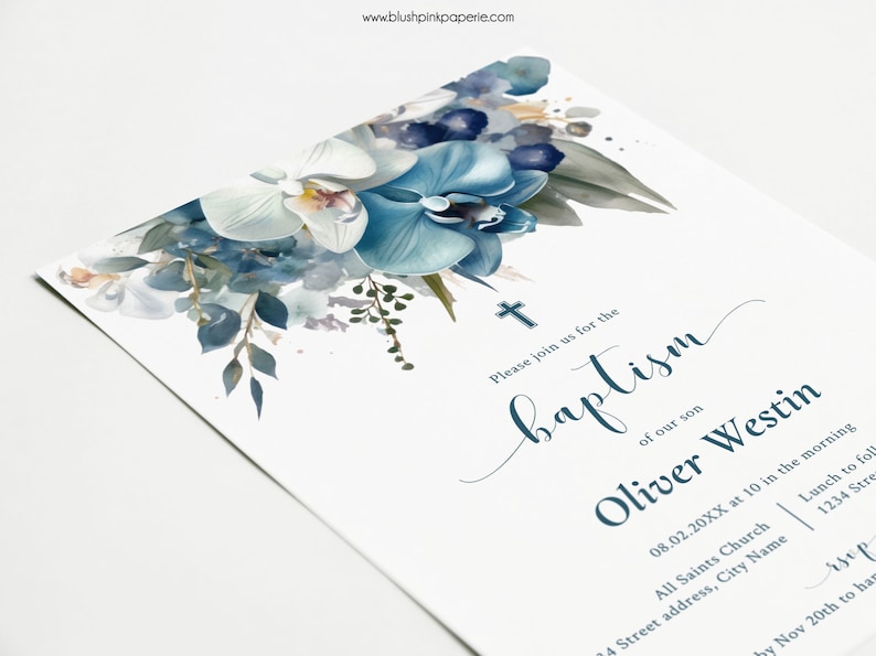 Editable White and Blue Baptism Invitation Card | Template, Delicate ...