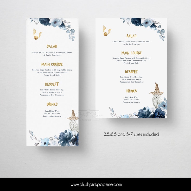 3.5x8.5 Blue Flowers Editable Menu Template, Navy Blue Florals Menu ...