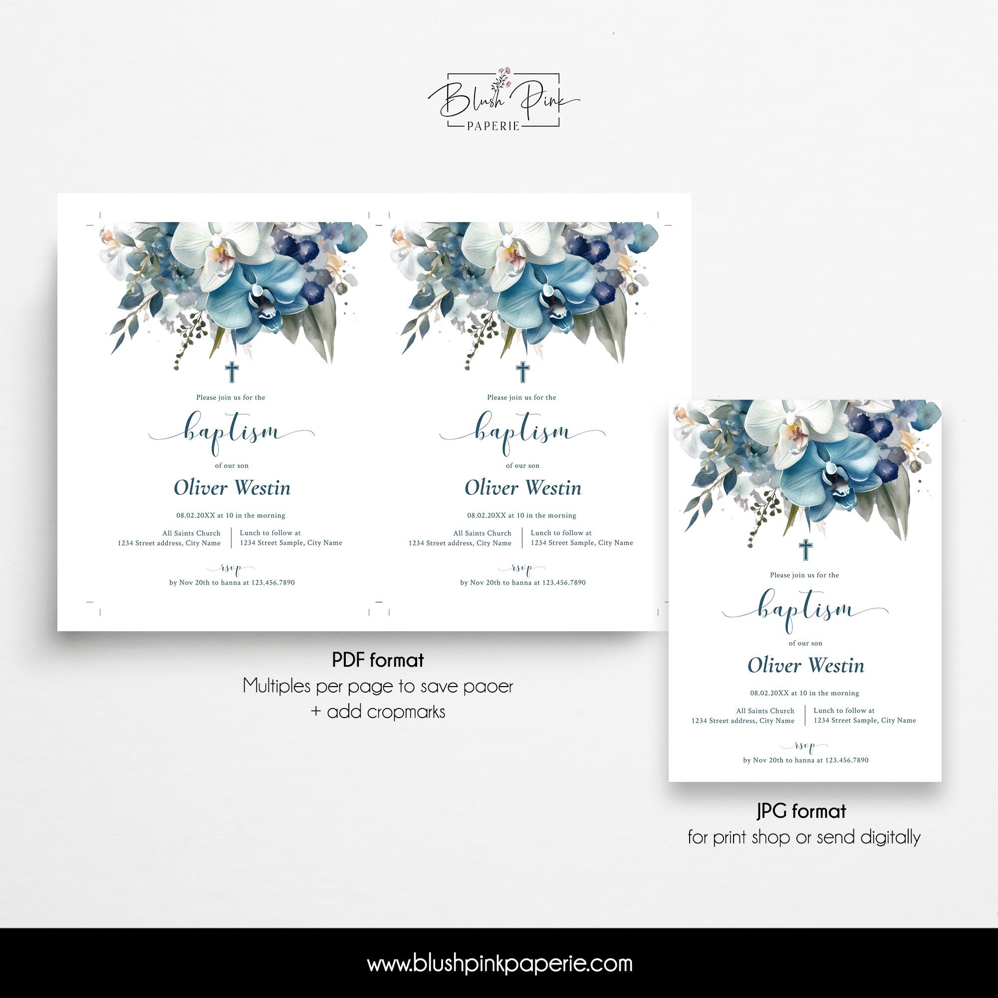 Editable White and Blue Baptism Invitation Card | Template, Delicate ...