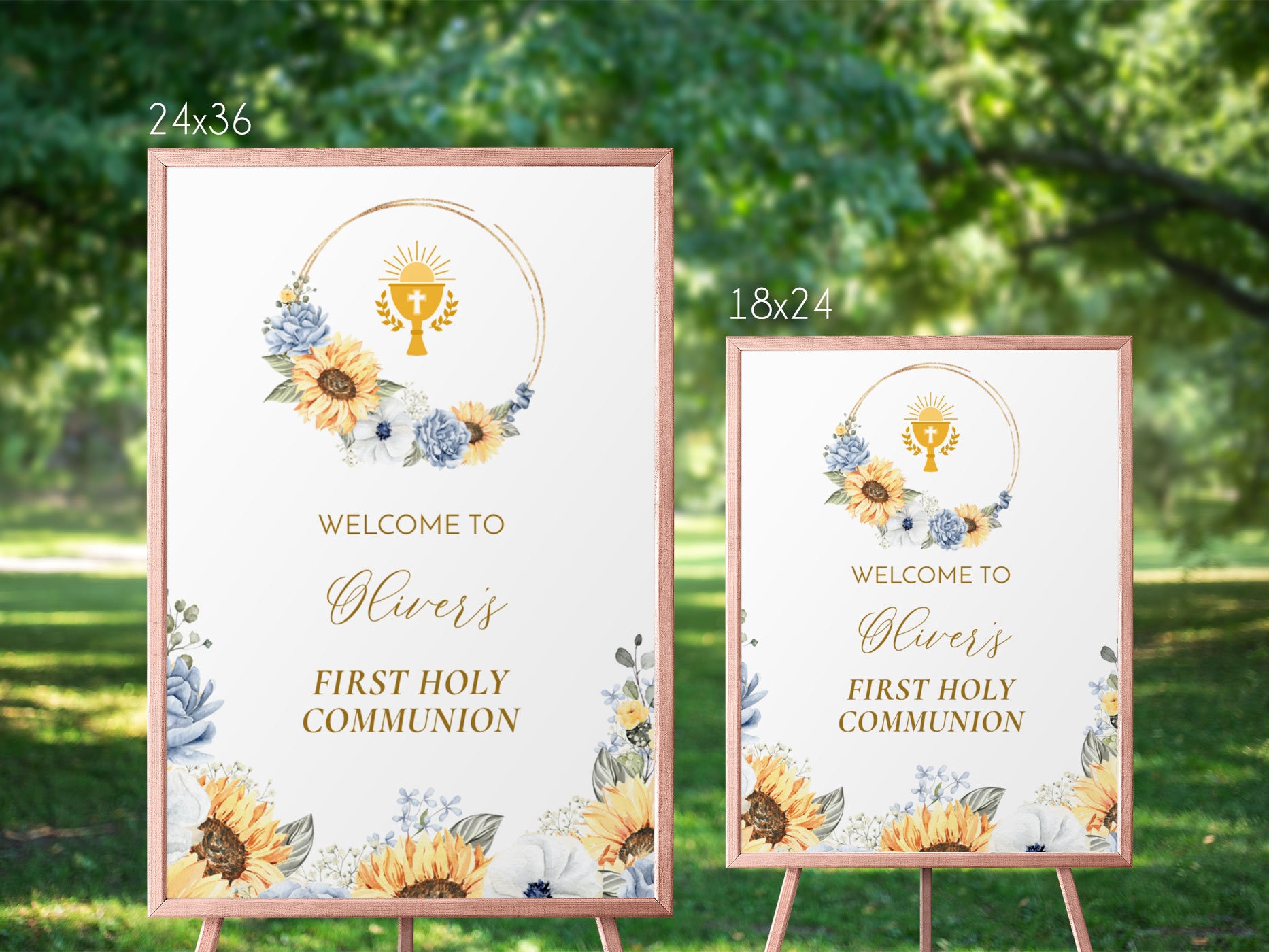 Sunflowers and Blue Flowers FHC Welcome Sign | First Holy Communion ...