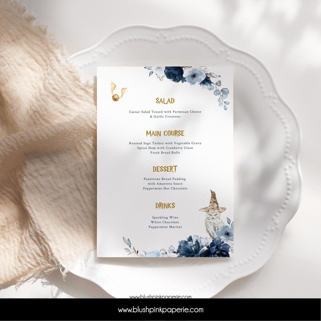 5x7 Blue Flowers Editable Menu Template, Navy Blue Florals Menu ...