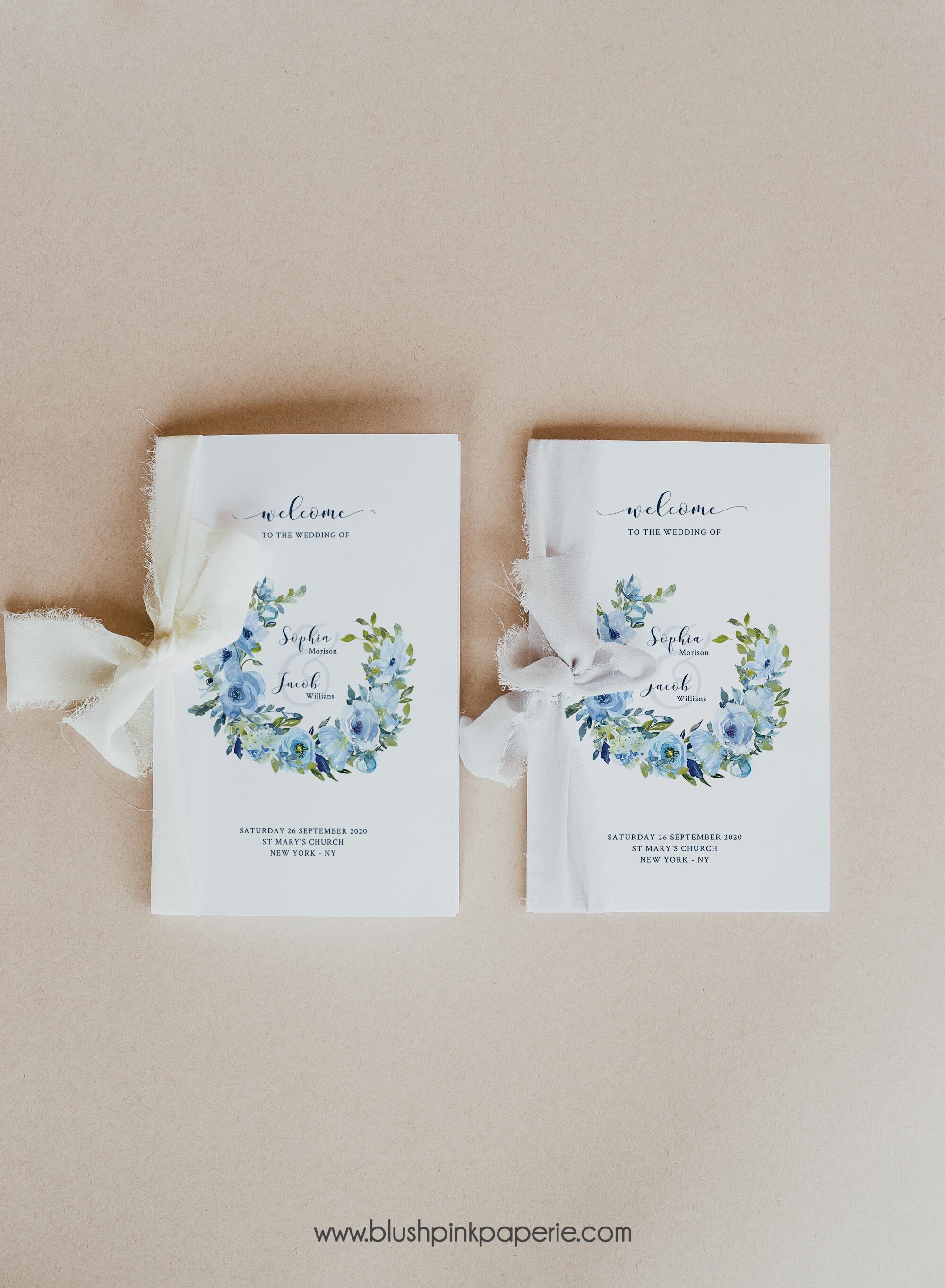 Editable Blue Bifold Wedding Program Template, Navy Wedding Order of ...