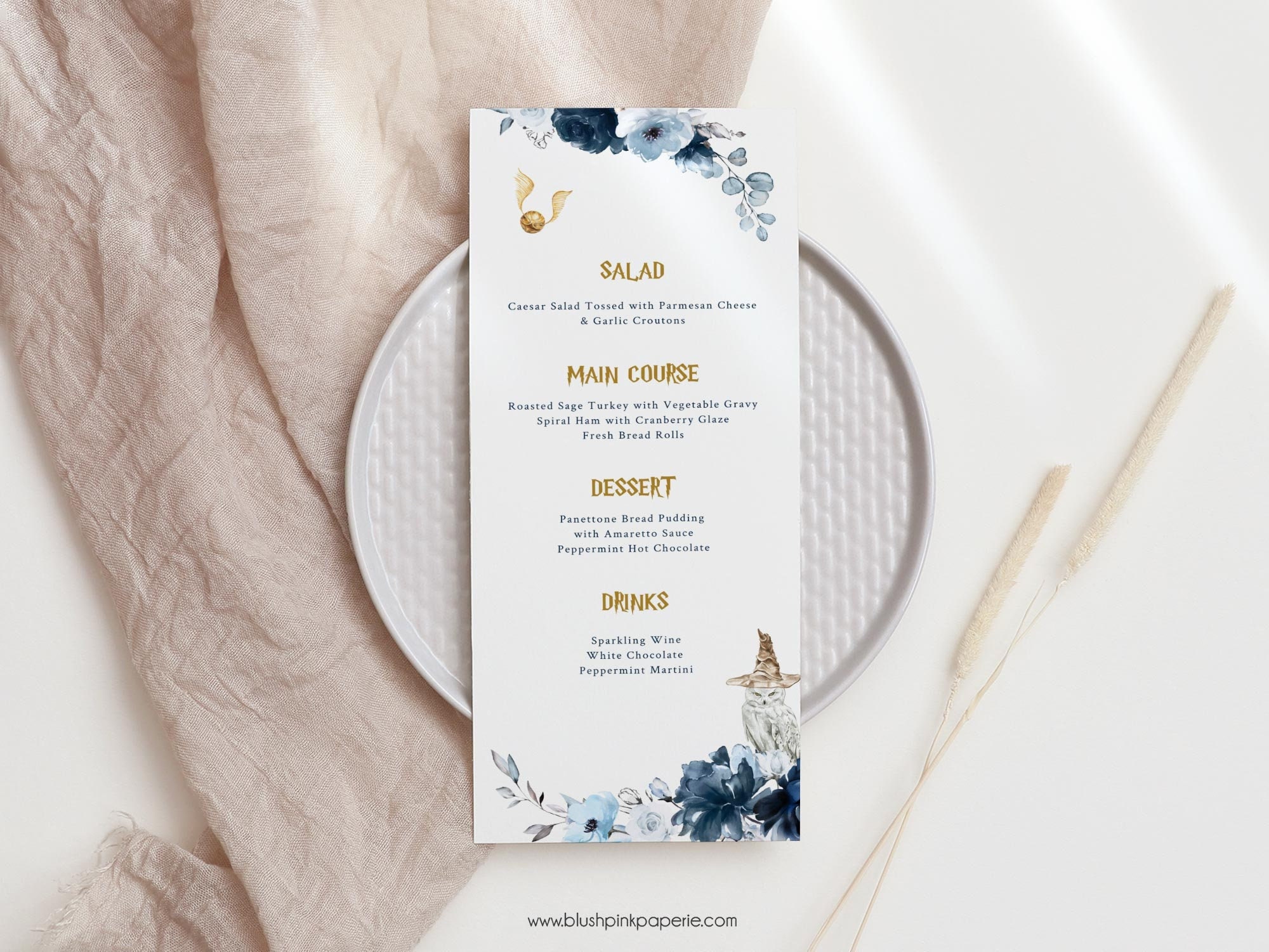 5x7 Blue Flowers Editable Menu Template, Navy Blue Florals Menu ...